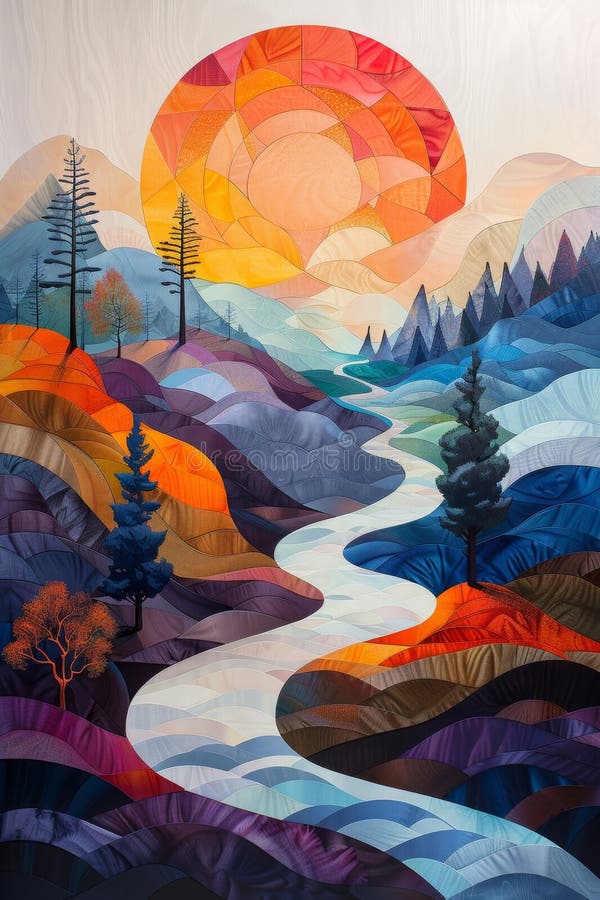Stylized Landscape, Abstract View of Mountains, River and Setting Sun ...