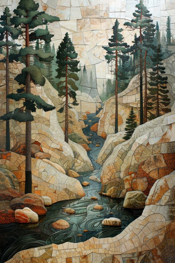 Stylized Landscape, Abstract View of Mountains and Setting Sun ...