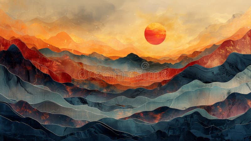 Stylized Landscape, Abstract View of Mountains and Setting Sun ...