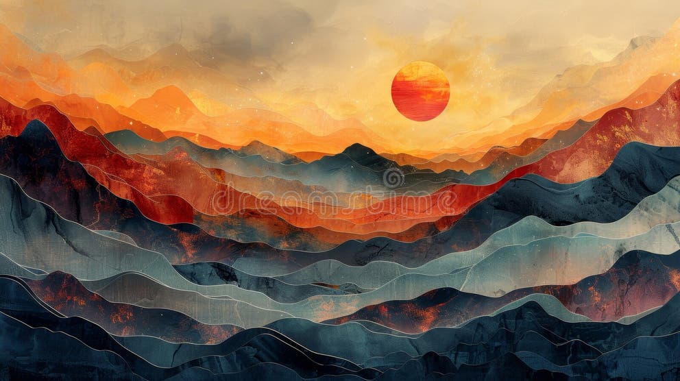 Stylized Landscape, Abstract View of Mountains and Setting Sun ...