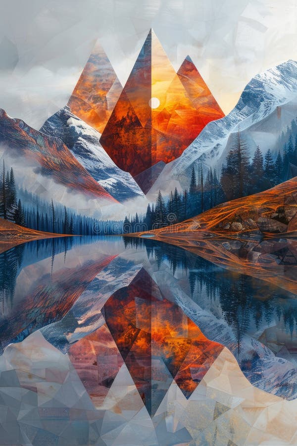 Stylized Landscape, Abstract View of Mountains and Setting Sun ...