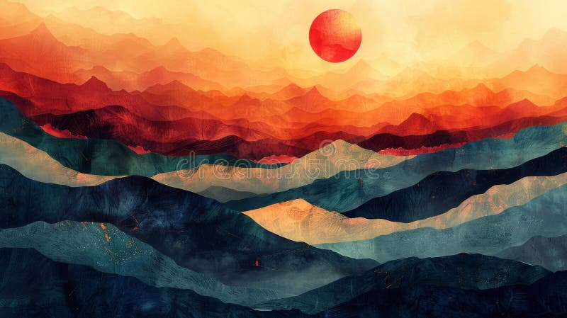 Stylized Landscape, Abstract View of Mountains and Setting Sun ...