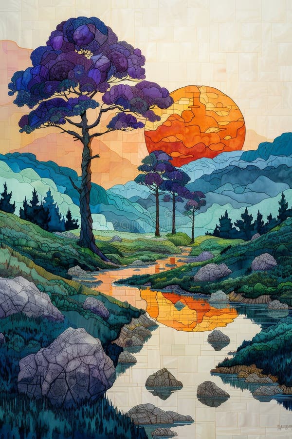 Stylized Landscape, Abstract View of Mountains and Setting Sun ...