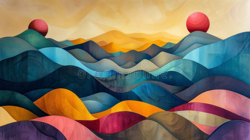 Stylized Landscape, Abstract View of Mountains and Setting Sun ...