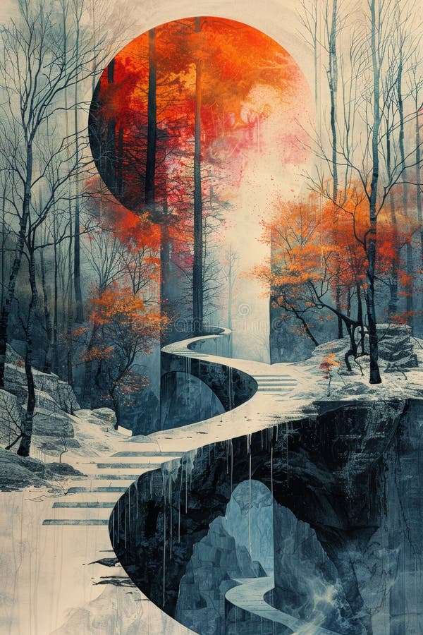 Stylized Landscape, Abstract View of Winding Road and Setting Sun ...