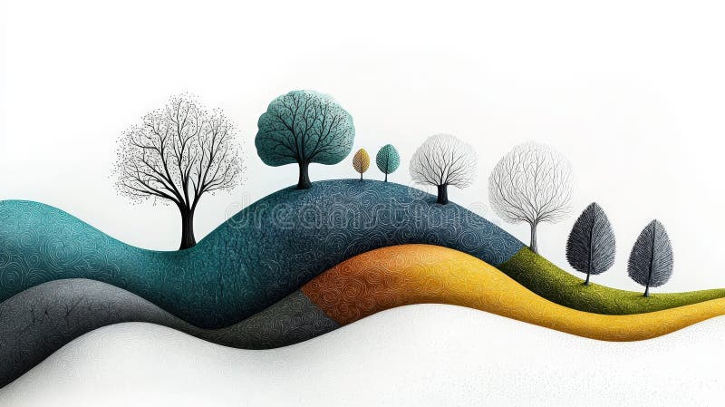 Stylized Landscape with Colorful Hills and Various Abstract Trees White ...