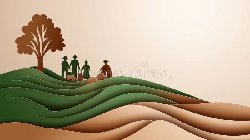 Stylized Landscape with Figures and Tree in Earthy Tones, AI Stock ...