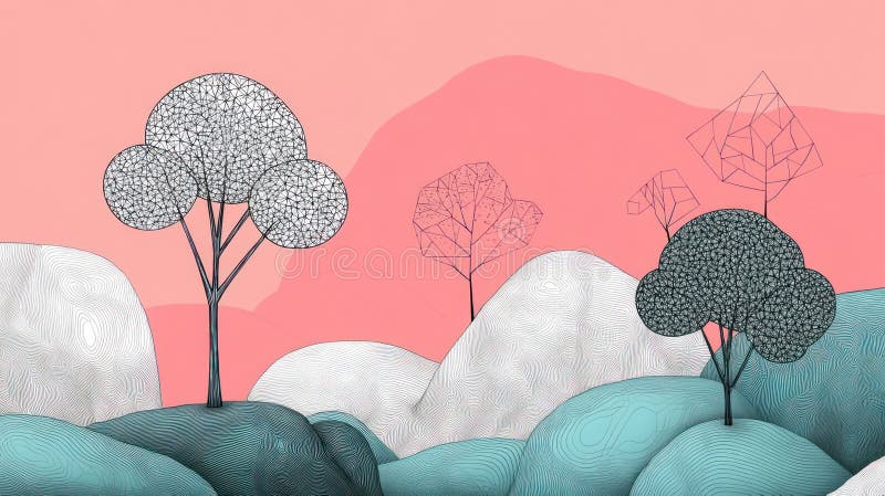 A Stylized Landscape Featuring Abstract Trees and Hills Against a ...