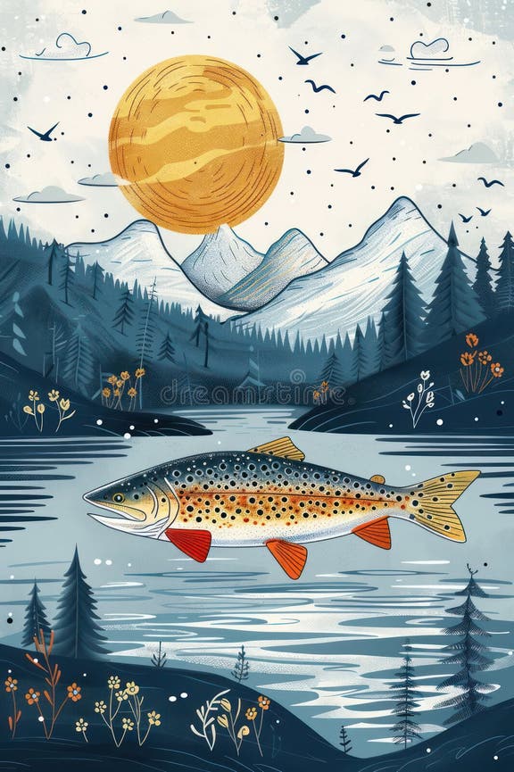 Serene Mountain Lake with Brown Trout Swimming Peaceful Nature Scene ...