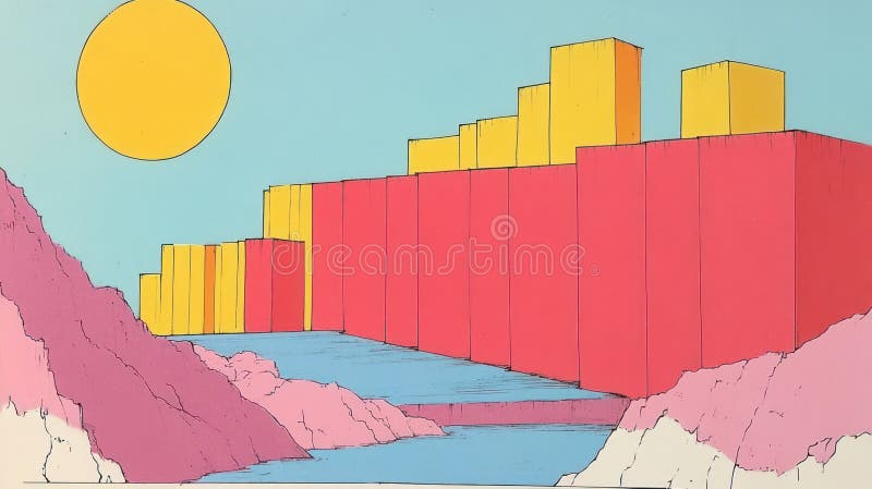A Stylized Landscape Featuring Geometric Forms, a River, and a Sun in ...