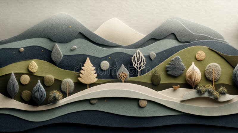 Stylized Landscape Featuring Layered Mountains, Trees, and Abstract ...