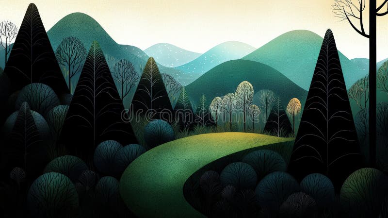 Stylized Landscape Featuring Rolling Hills and Trees at Sunset Stock ...