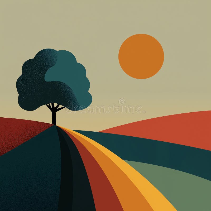 Stylized Landscape Featuring a Tree, Colorful Fields, and Setting Sun ...