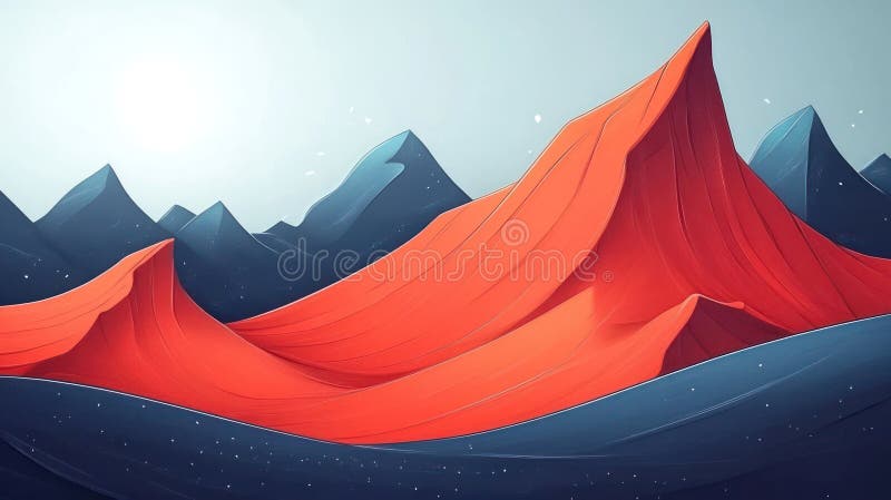 A Stylized Landscape Featuring Vibrant Red and Blue Mountains Under a ...