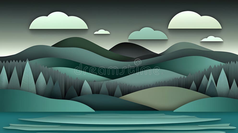 Stylized Landscape with Layered Green Hills and Clouds Stock Photo ...