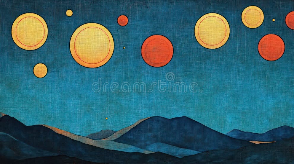 A Stylized Landscape with Multiple Suns Against a Deep Blue Sky and ...