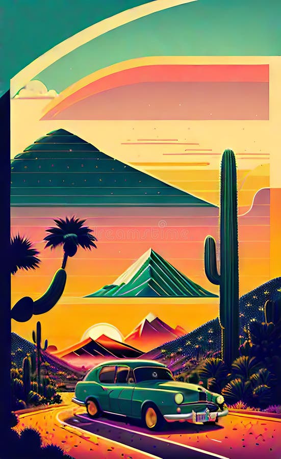 Stylized Landscape Poster with a Car and a Road. Stock Image - Image of ...