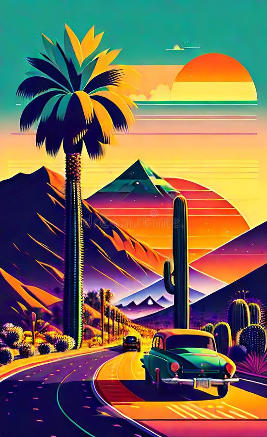 Stylized Landscape Poster with a Car and a Road. Stock Photo - Image of ...