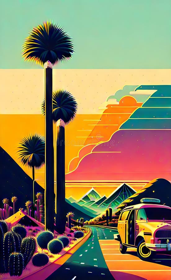 Stylized Landscape Poster with a Car and a Road. Stock Illustration ...