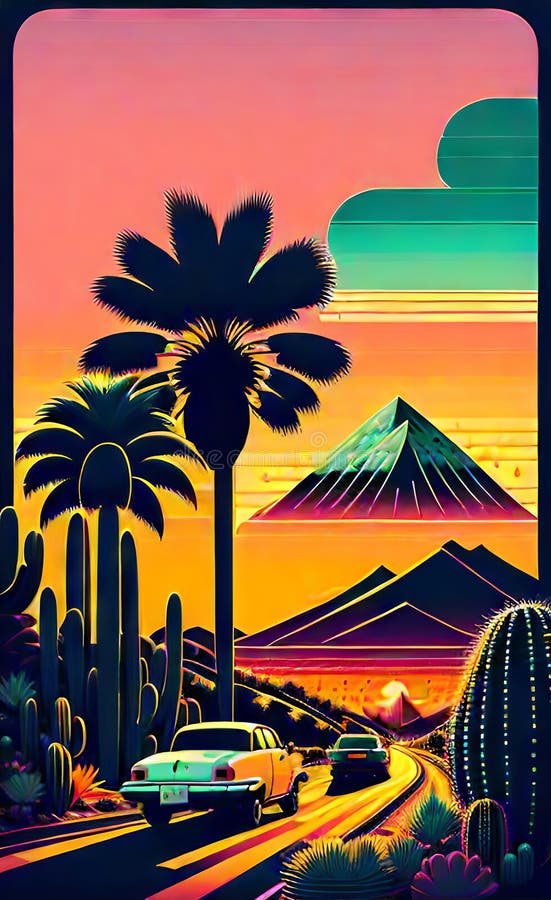 Stylized Landscape Poster with a Car and a Road. Stock Illustration ...