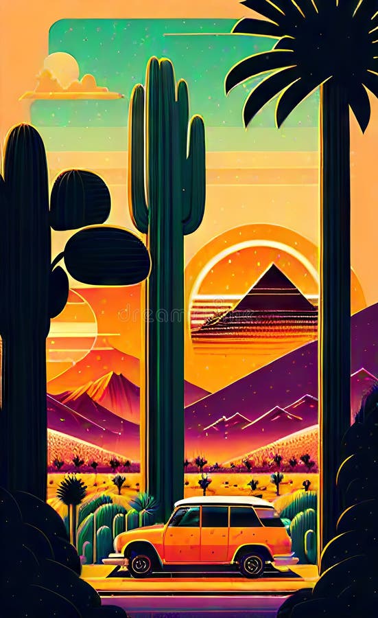 Stylized Landscape Poster with a Car and a Road. Stock Illustration ...