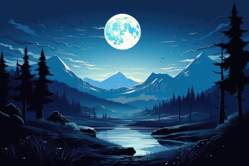 A Stylized Landscape Under a Full Moon Stock Illustration ...