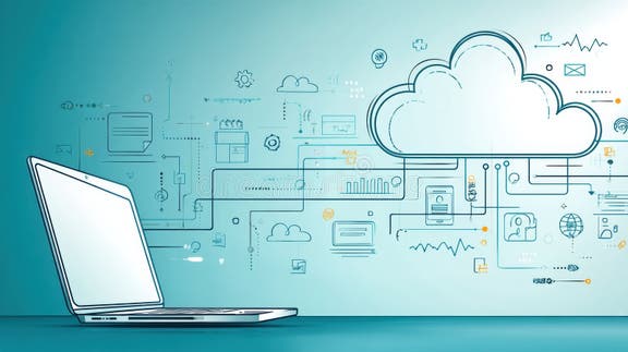 Stylized Laptop Displaying Cloud Technology and Digital Icons for ...