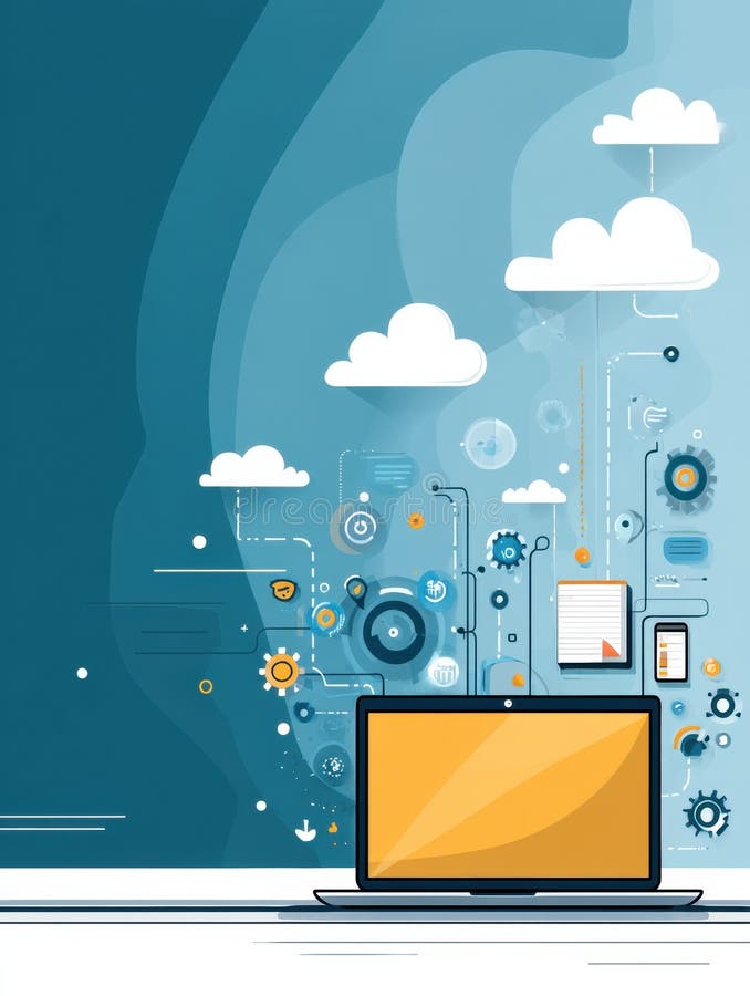 Stylized Laptop Layout Showcasing Digital Cloud Technology and ...