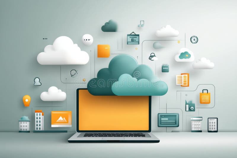 Stylized Laptop Setup Featuring Digital Cloud and Icons Representing ...
