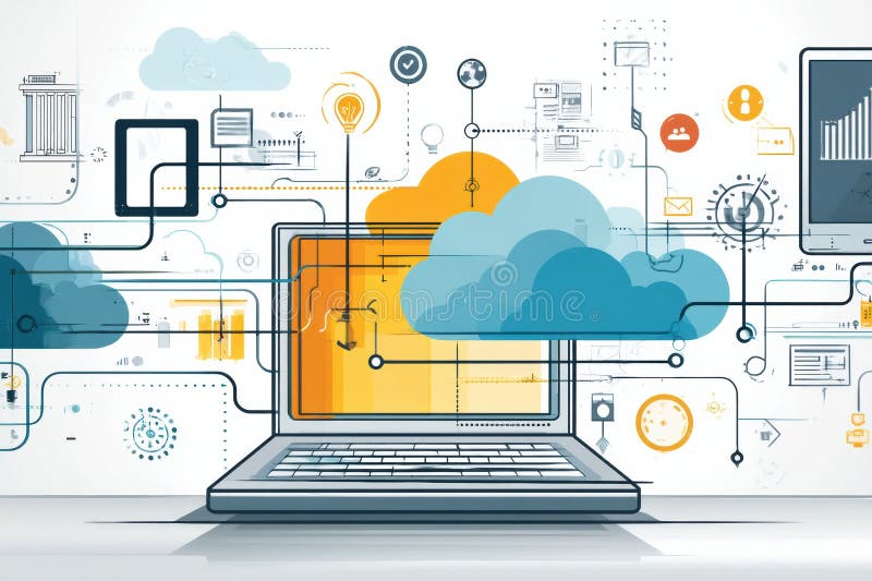 Stylized Laptop Surrounded by Digital Cloud Icons and Illustrations of ...