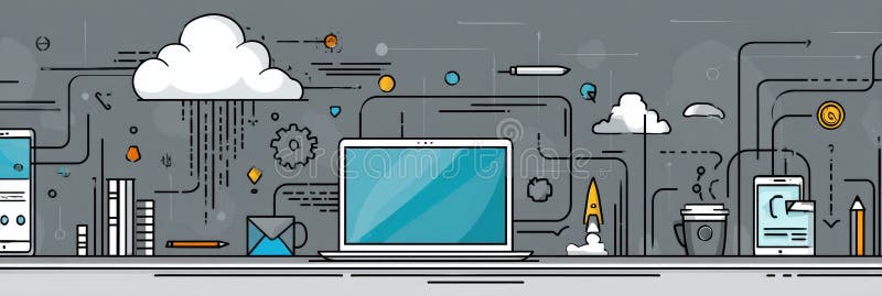 Modern Stylized Laptop Layout Featuring Digital Cloud and Various Tech ...