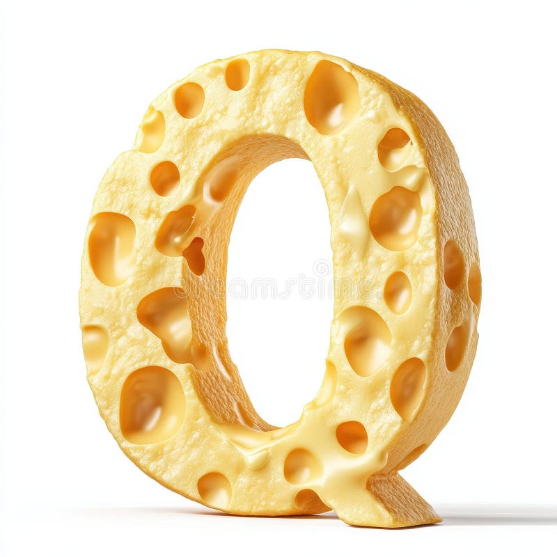 A Stylized Letter Q Made of Cheese, Featuring Holes and a Textured ...
