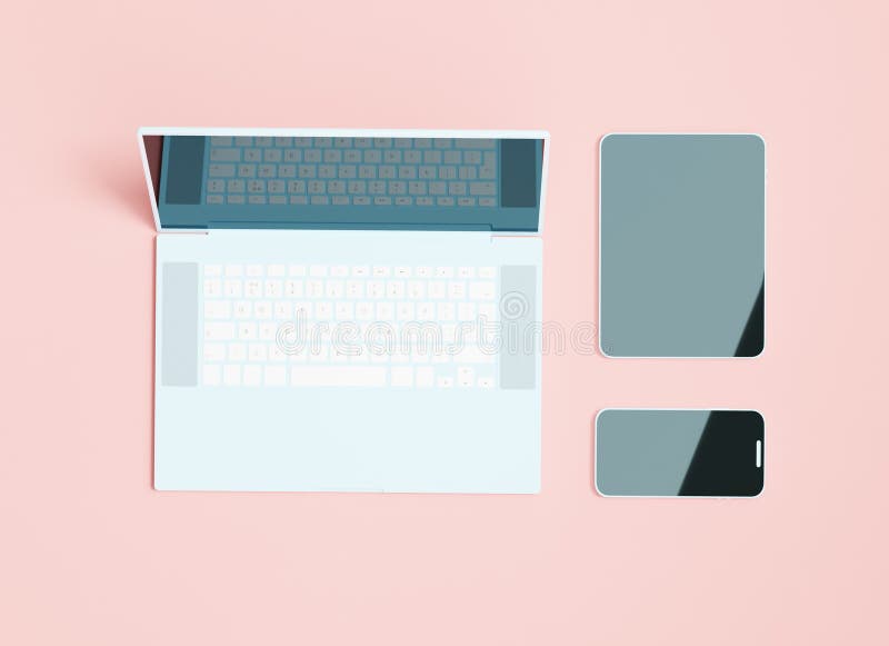 Stylized Light Blue Laptop, Tablet and Phone on Pale Pink Backdrop, 3d ...