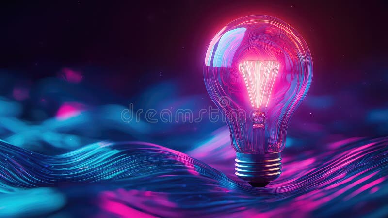 Stylized Light Bulb with Glowing Filament Surrounded by Wave-Like ...