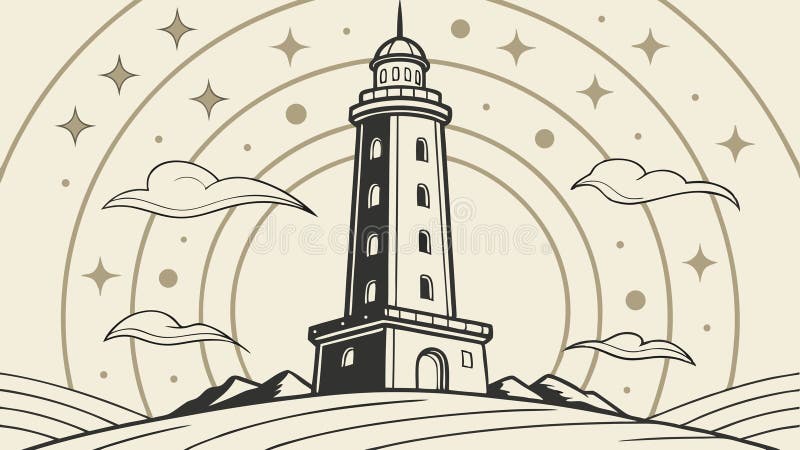 Stylized Lighthouse with Cloud Arch and Rays, Vector Design Generative ...