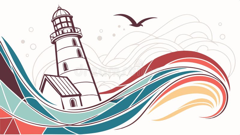 Stylized Lighthouse Illustration with Wavy Abstract Lines Vector Design ...
