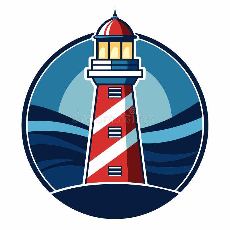 Stylized Lighthouse Logo Illustration Against a Blue Ocean Background ...