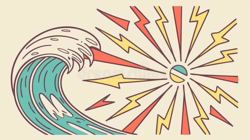 Stylized Lightning Strike and Wave Combination, Power of Nature Vector ...