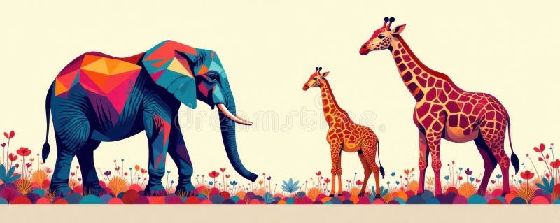 Stylized Line Art Elephants Giraffes, Minimalist Geometric Design ...
