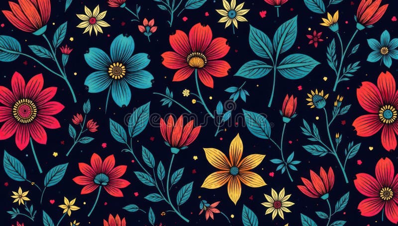 Stylized Line Art Floral Motif, Repeating Pattern on Dark Backdrop ...