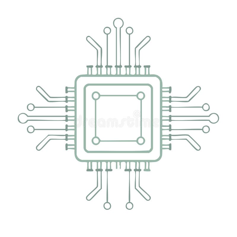 Stylized Line Drawing of a Central Processing Unit with Outgoing Circuit Lines and Contact ...