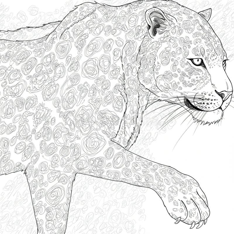 Stylized Line Drawing of a Leopard, Featuring Intricate Swirls and ...