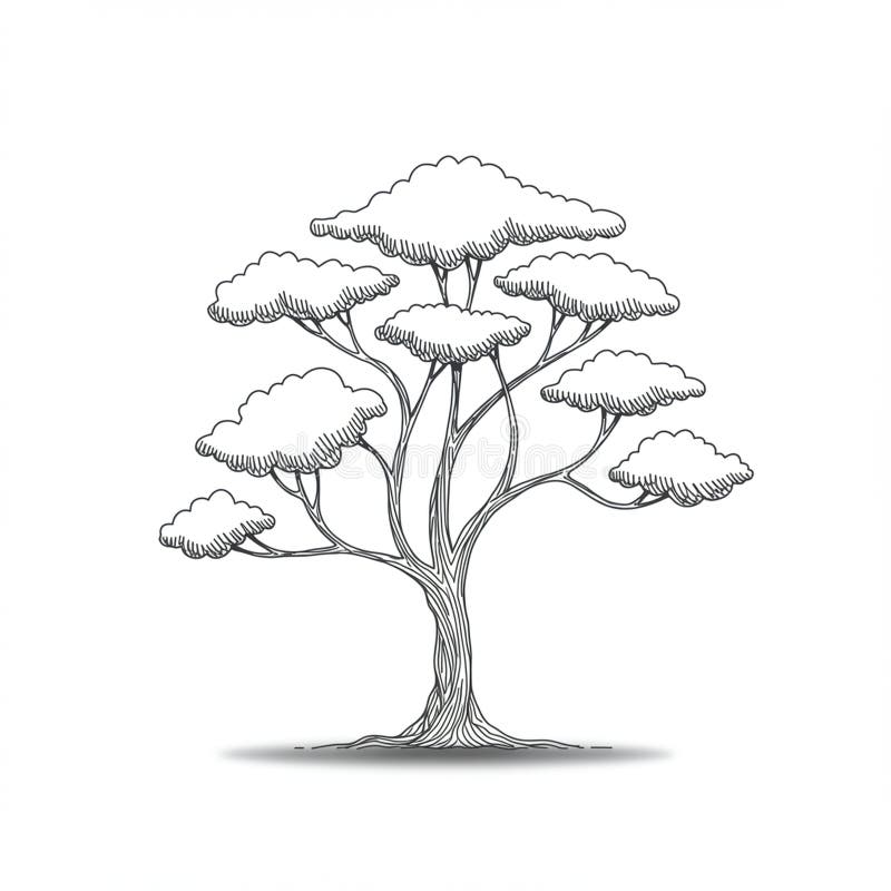 Stylized Line Drawing of a Tree with Multiple Branching Trunks and ...