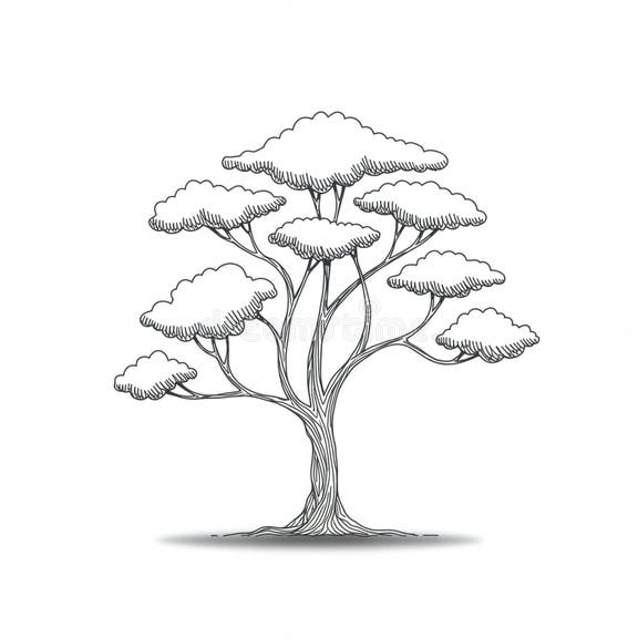 Stylized Line Drawing of a Tree with Multiple Branching Trunks and ...