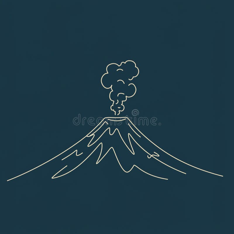 Stylized Line Drawing of a Volcano Against a Dark Blue Background. the ...