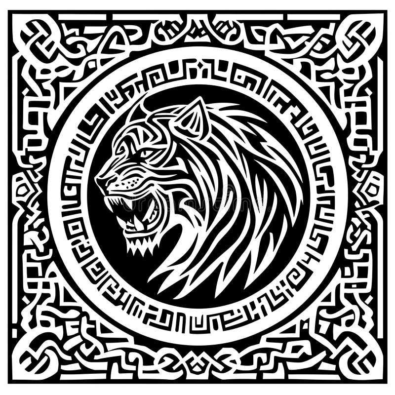 Stylized Lion Head in Celtic Knotwork and Greek Key Border Black and ...