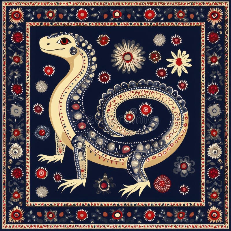 Beige Coiled Lizard with Red and White Flowers on Dark Blue Tapestry ...