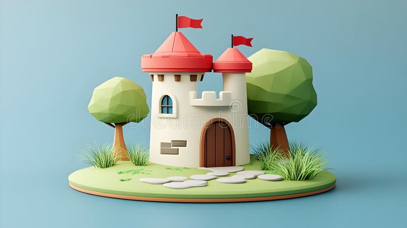 Stylized Low Poly Castle on Green Isle with Trees and Red Flags on ...