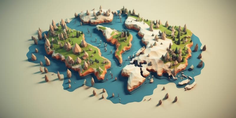 Digital Art of Low-poly 3D Map with a River Winding through Landscapes ...