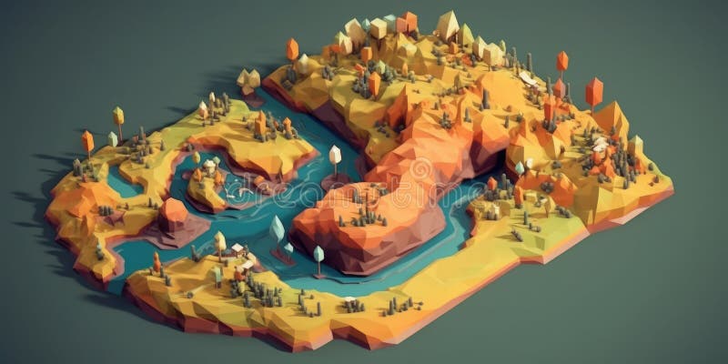 Digital Art of Low-poly 3D Map with a River Winding through Landscapes ...